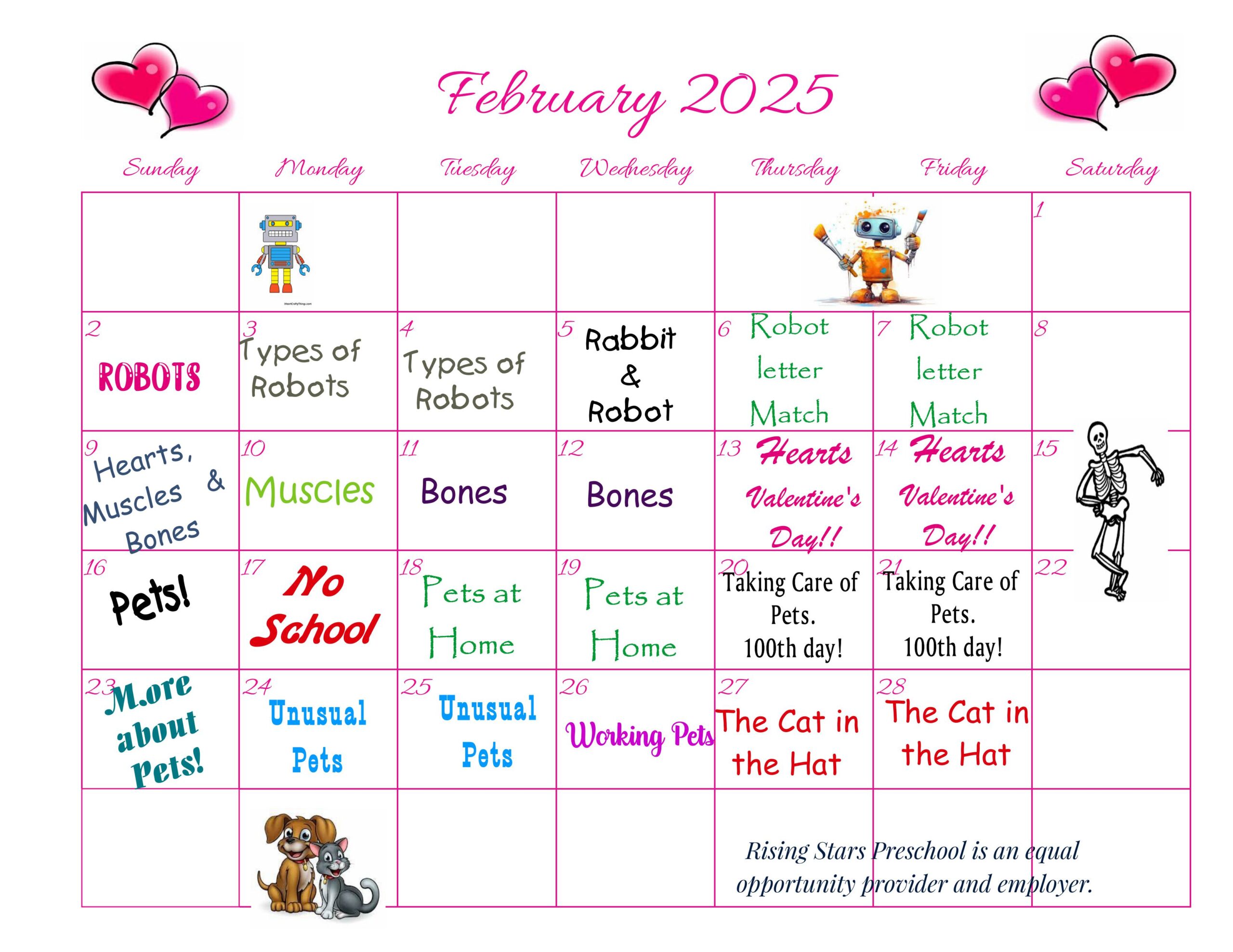 Monthly Calendar – Rising Stars Preschool
